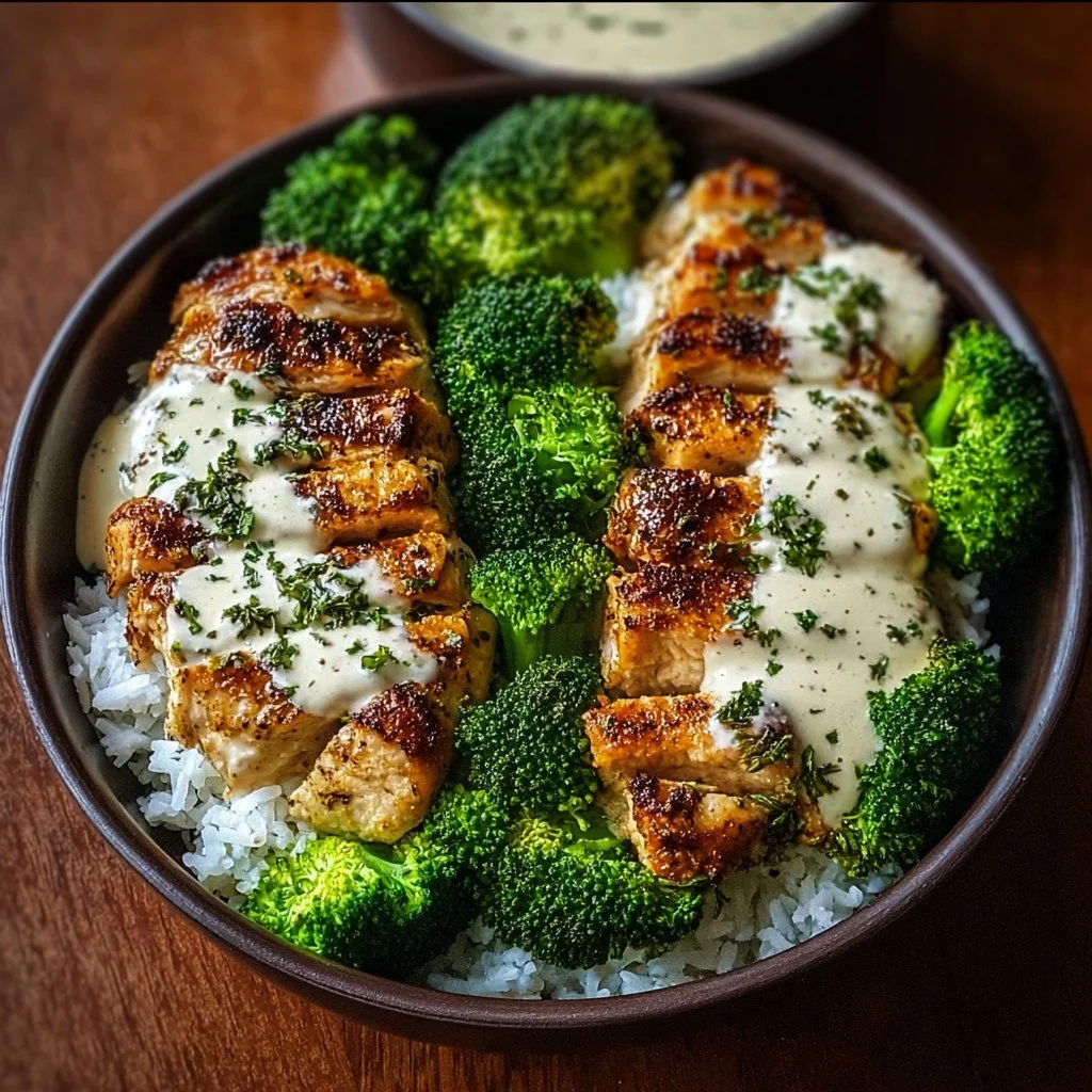 Grilled Chicken and Broccoli Bowls with Creamy Garlic Sauce